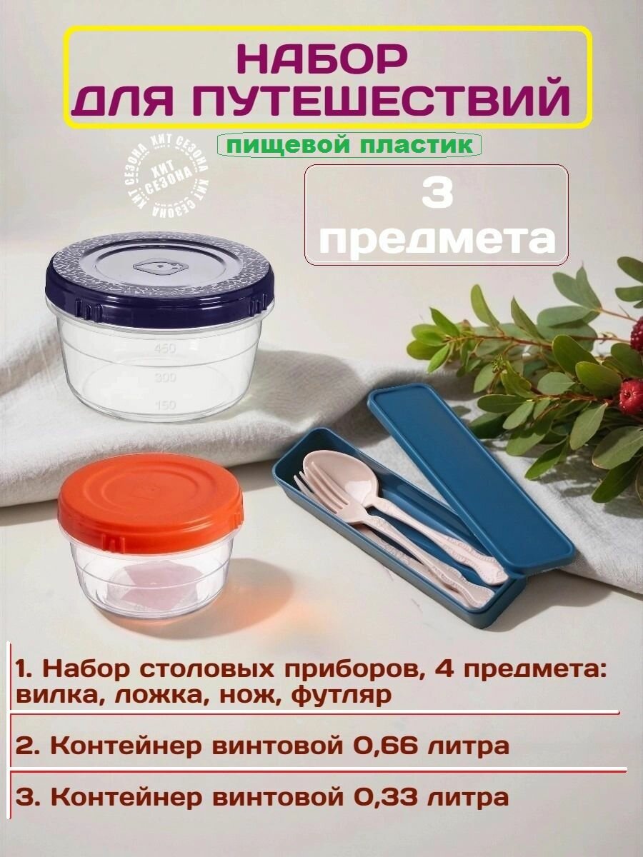 Набор контейнеров с футляром для еды, 0,33 л, 0,66л, столовые приборы в футляре