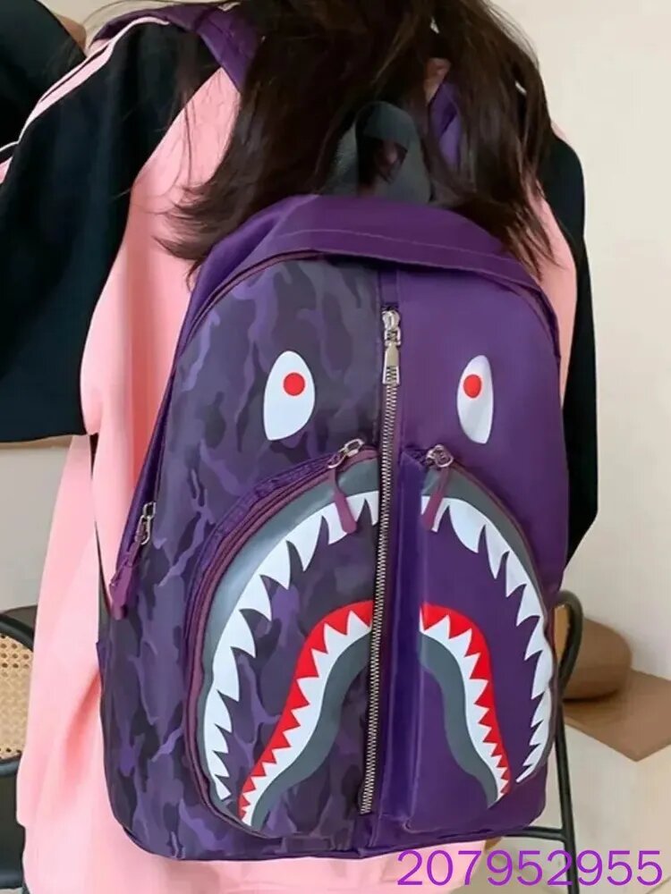 Рюкзак bape ape shark акула бейп просто крутой рюкзак школьный фиолетовый для девочек и мальчиков вместительный — фото 1