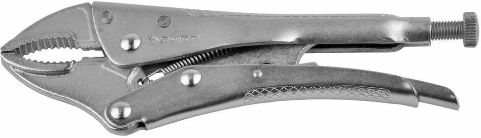 Ручной зажим ЗУБР 250 мм хромированный с изогнутыми губками из стали CrV и регулировочным винтом