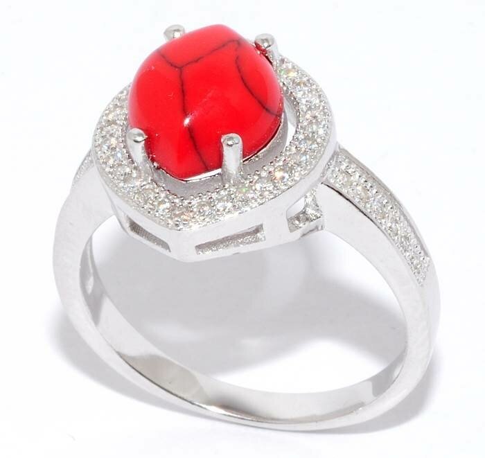 Кольцо, серебро, 925 проба, коралл, фианит