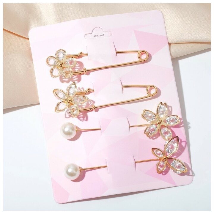 Набор булавок (4 шт.) «Цветы», 8 см, белый в золоте