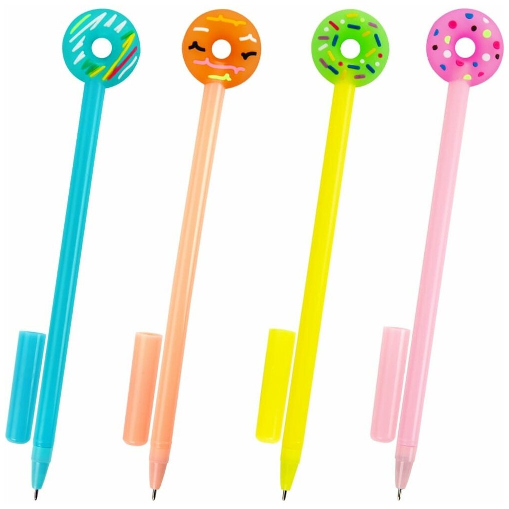 Шариковая ручка юнландия Пончик с топпером, корпус ассорти, синяя, узел 0.7 мм 143799