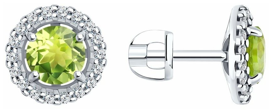 Серьги пусеты, серебро, 925 проба, родирование, хризолит, фианит