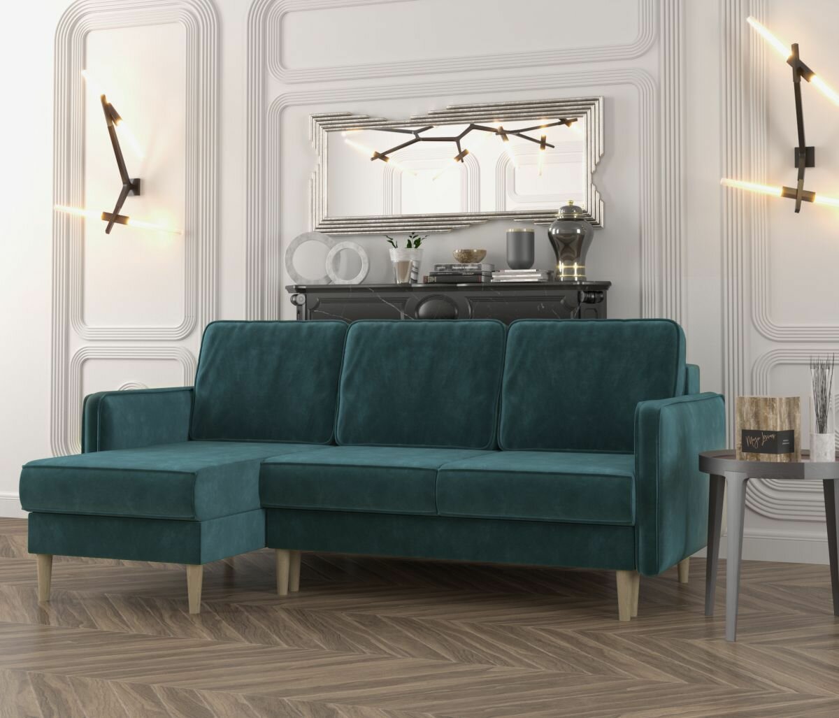 Диван угловой DiHall "Монэ", изумрудный, велюр, ортопедический, еврокнижка