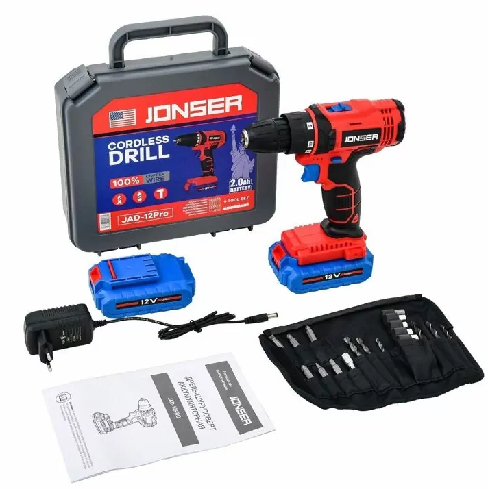 Аккумуляторный шуруповерт JONSER JAD-12PRO 12В, 2Акк 2Ач, 23Нм, кейс с набором бит/головок/свёрел