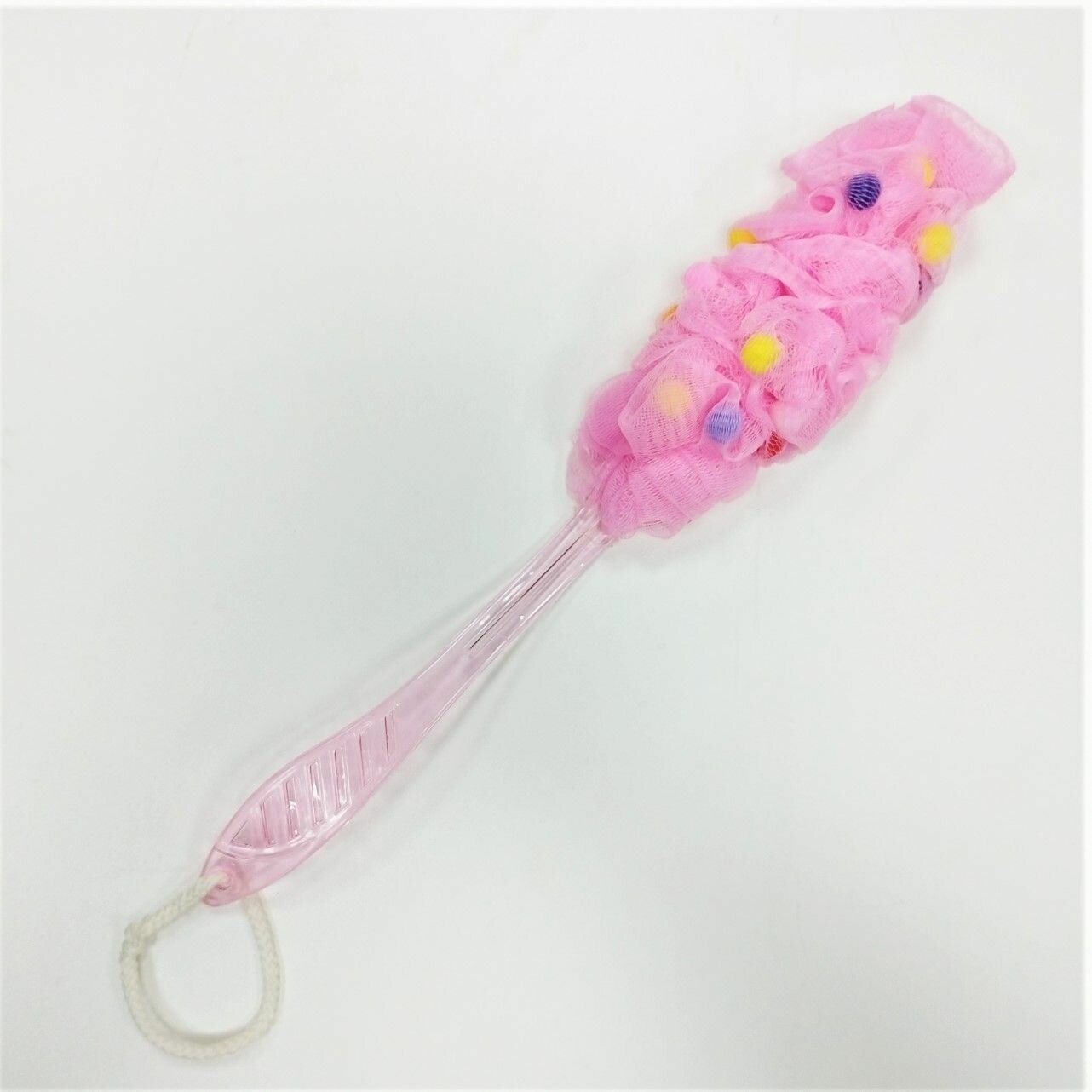 Мочалка для душа, на длинной ручке с цветными шариками, розовый