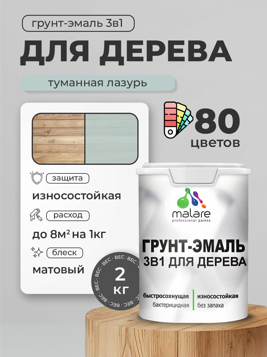 Акриловая Грунт-Эмаль 3 в 1 Malare для деревянных поверхностей/ краска по дереву с антисептическим эффектом/ быстросохнущая моющаяся без запаха матовая, туманная лазурь, 2 кг