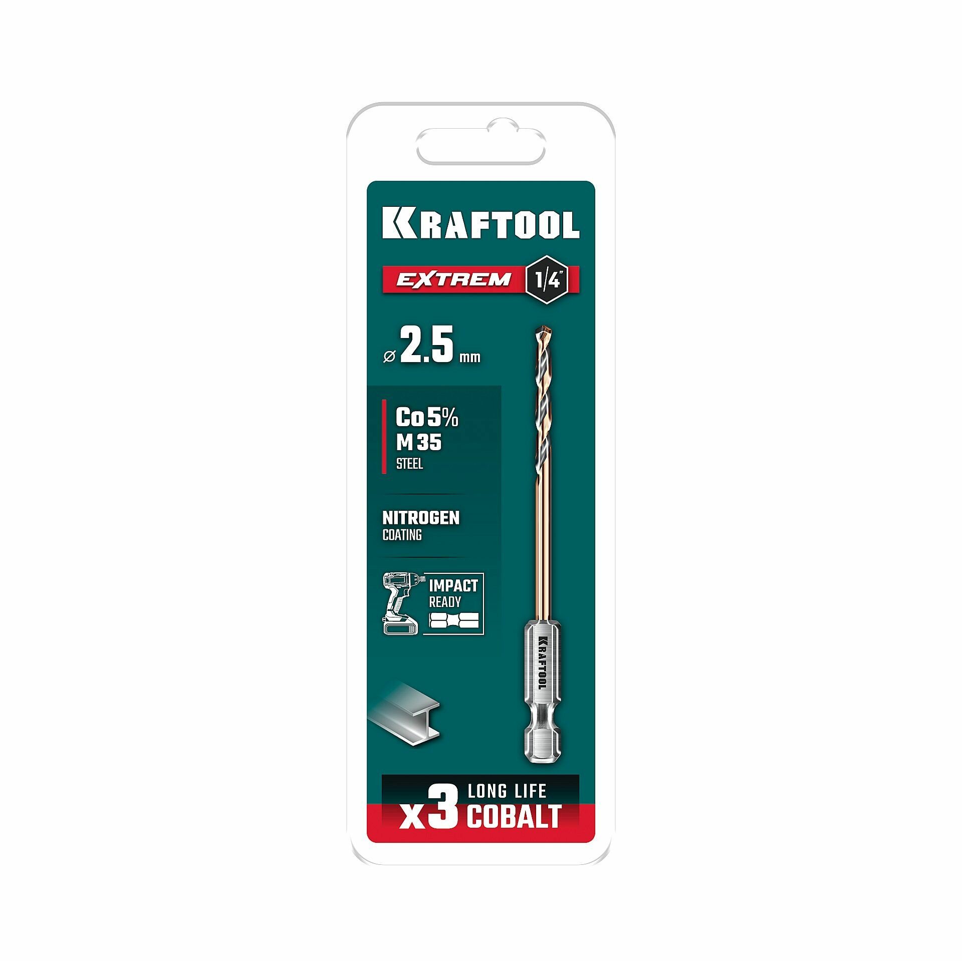 KRAFTOOL НЕХ-1/4 d 2.5 х 69 мм сверло по металлу для винтовёртов и шуруповертов IMPACT READY 29652-2.5