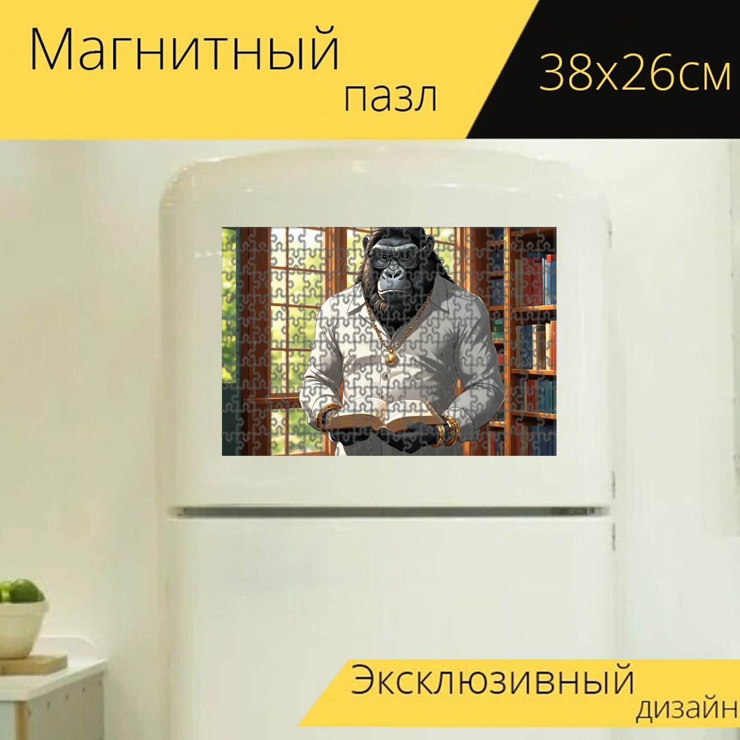 Магнитный пазл "Мудрая горилла в очках, одетая в белую рубашку с распахнутым воротником, стоит в уютной библиотеке, держа в руках книгу. У него длинные." для интерьера, 38х26 см.