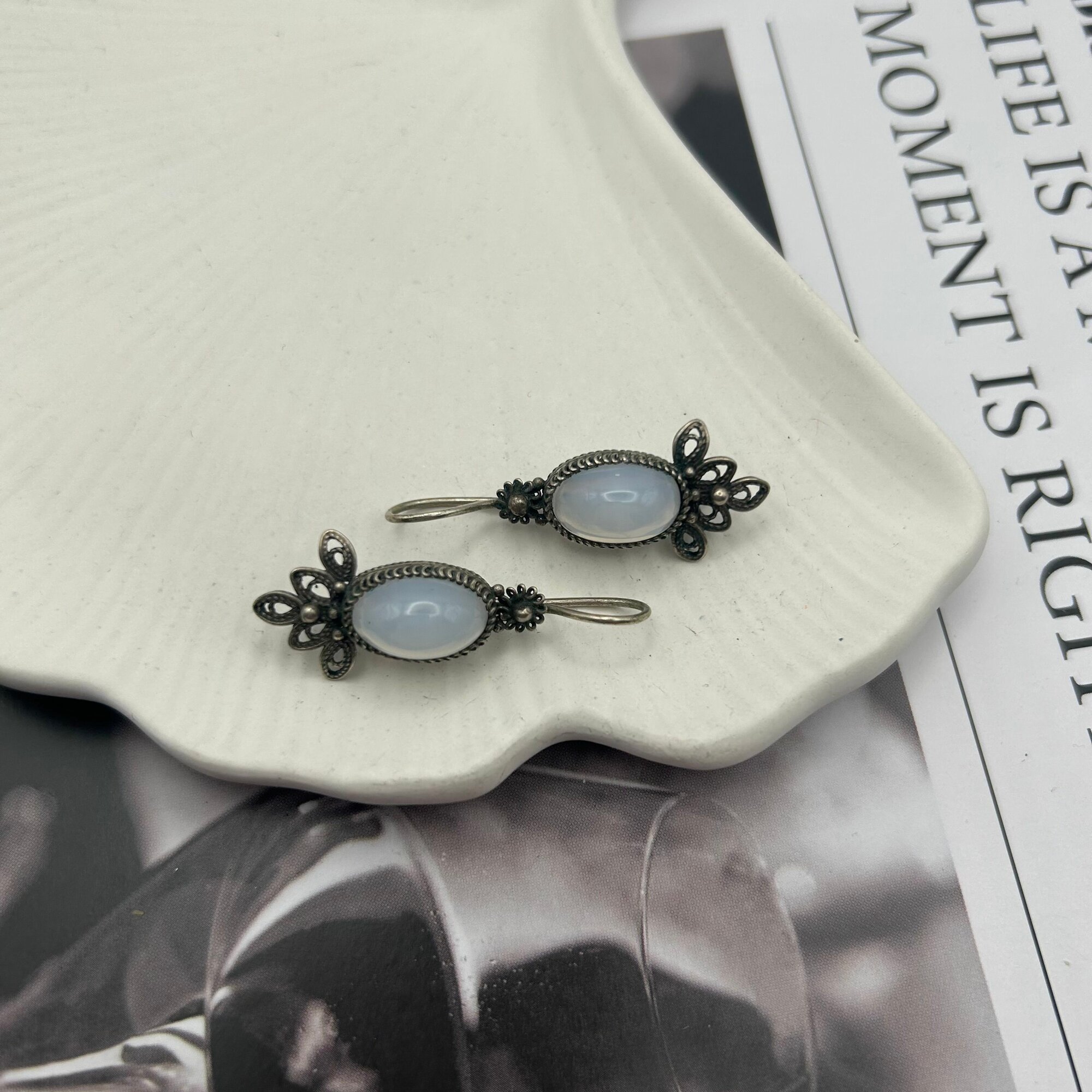 Советские винтажные мельхиоровые серьги, опаловое стекло