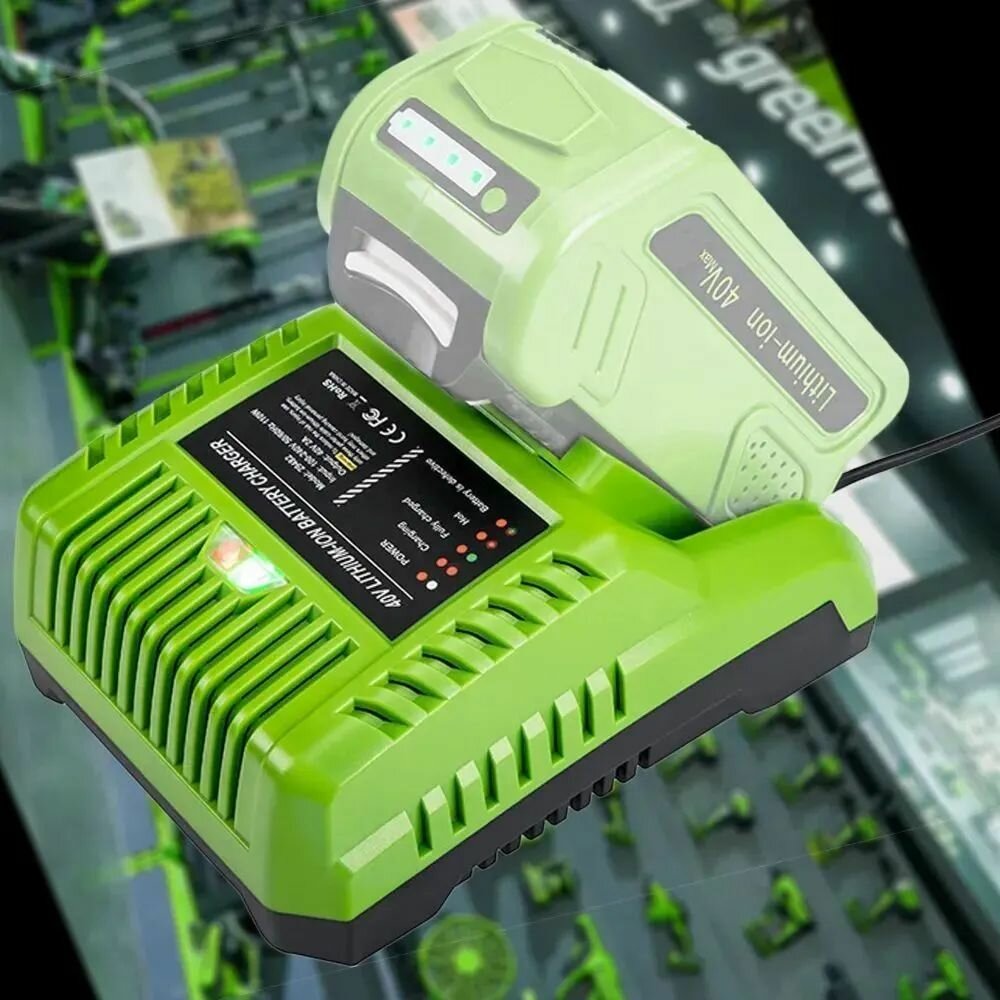 Зарядное устройство Greenworks 29482, для аккумуляторов 40В, с индикатором заряда, зеленое