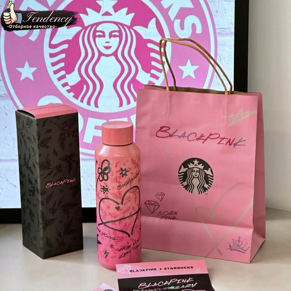 Термос Starbucks, коллаборация с BLACKPINK, розовый, граффити, 596 мл, лимитированная серия, подарок