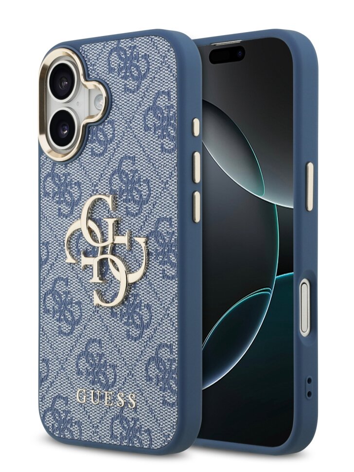 Guess чехол для iPhone 17, PU кожа 4G Big metal logo Gold camera, синий