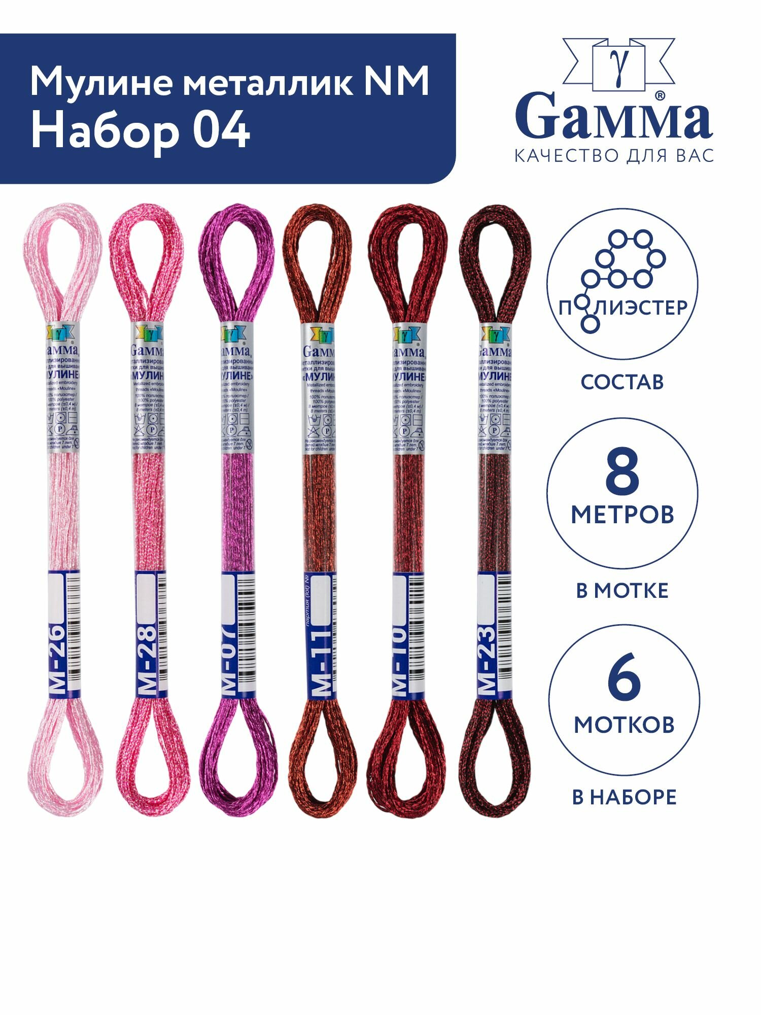 Нитки мулине металлизированные Гамма 7 штук NM_8 набор ассорти №04