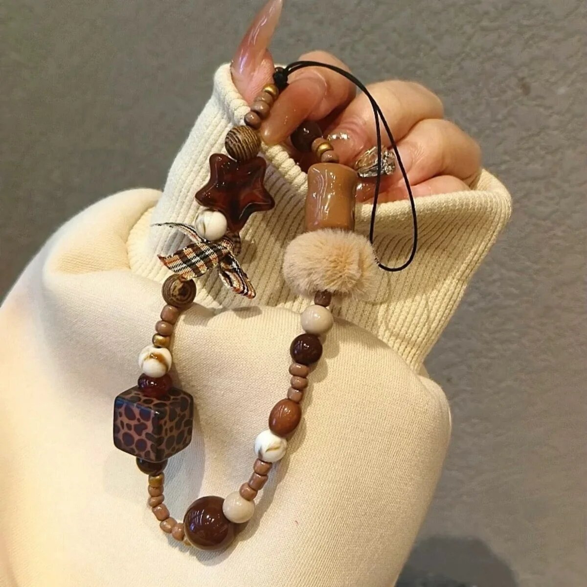 Модный Повседневный Брелок-держатель Для Телефона С Коричневым Леопардовым Принтом, Плюшевым Шариком И Пятиконечной Звездой