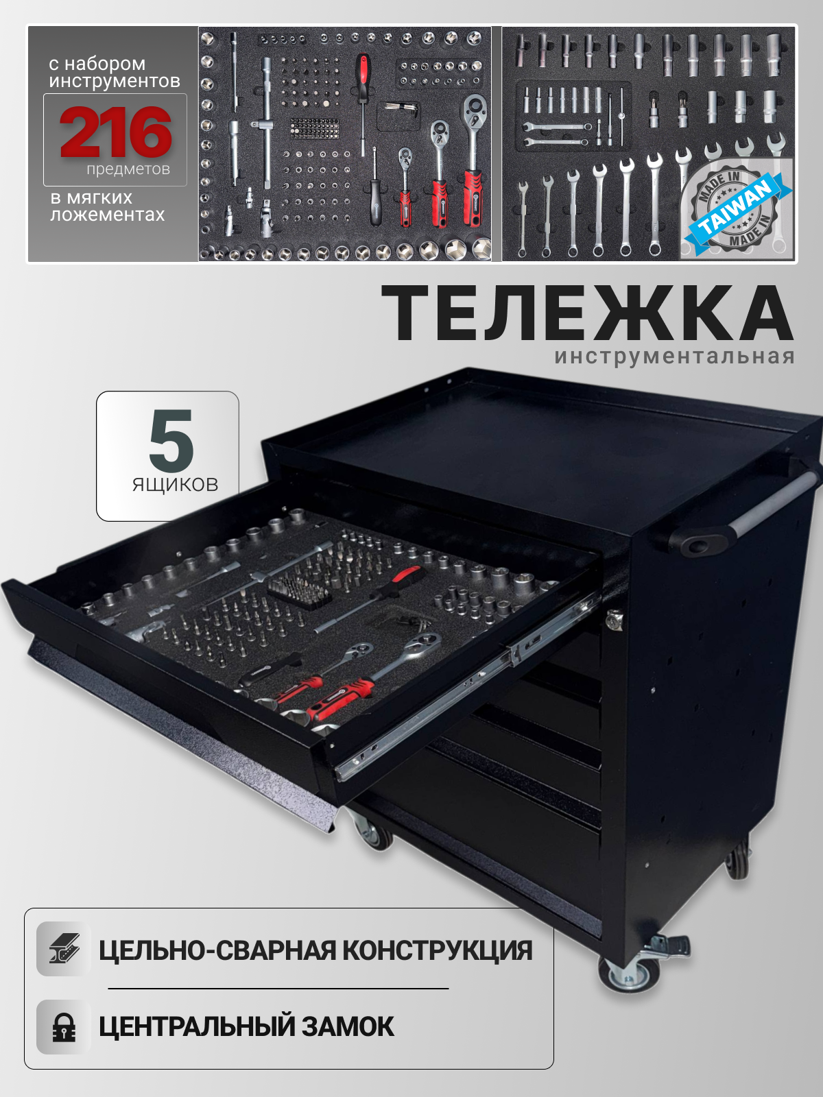 Тележка инструментальная с замком и набором инструментов FORCE KRAFT 216 предметов в Мягких ложементах