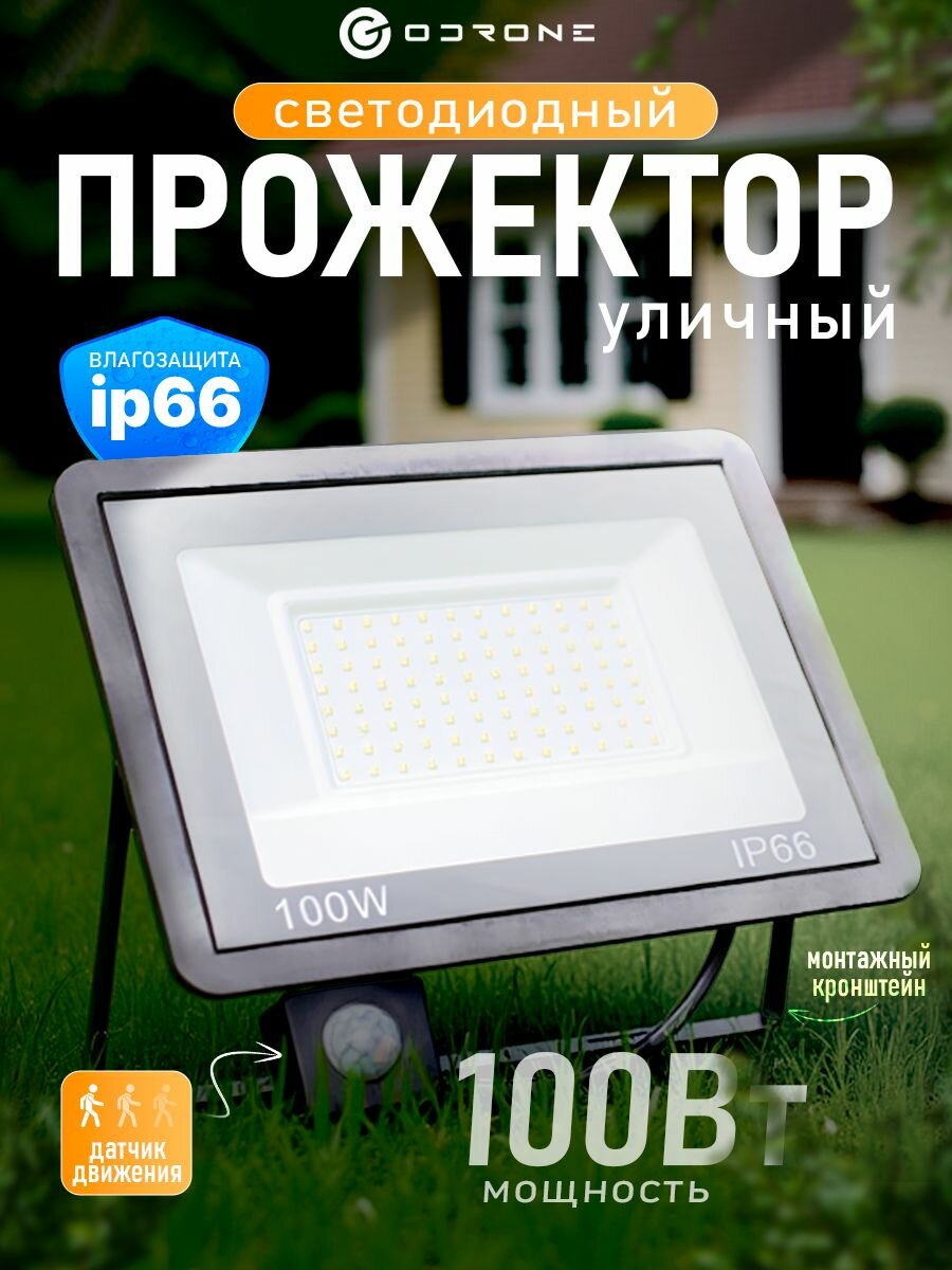 Прожектор светодиодный уличный с датчиком движения, 100 Вт, 6500К