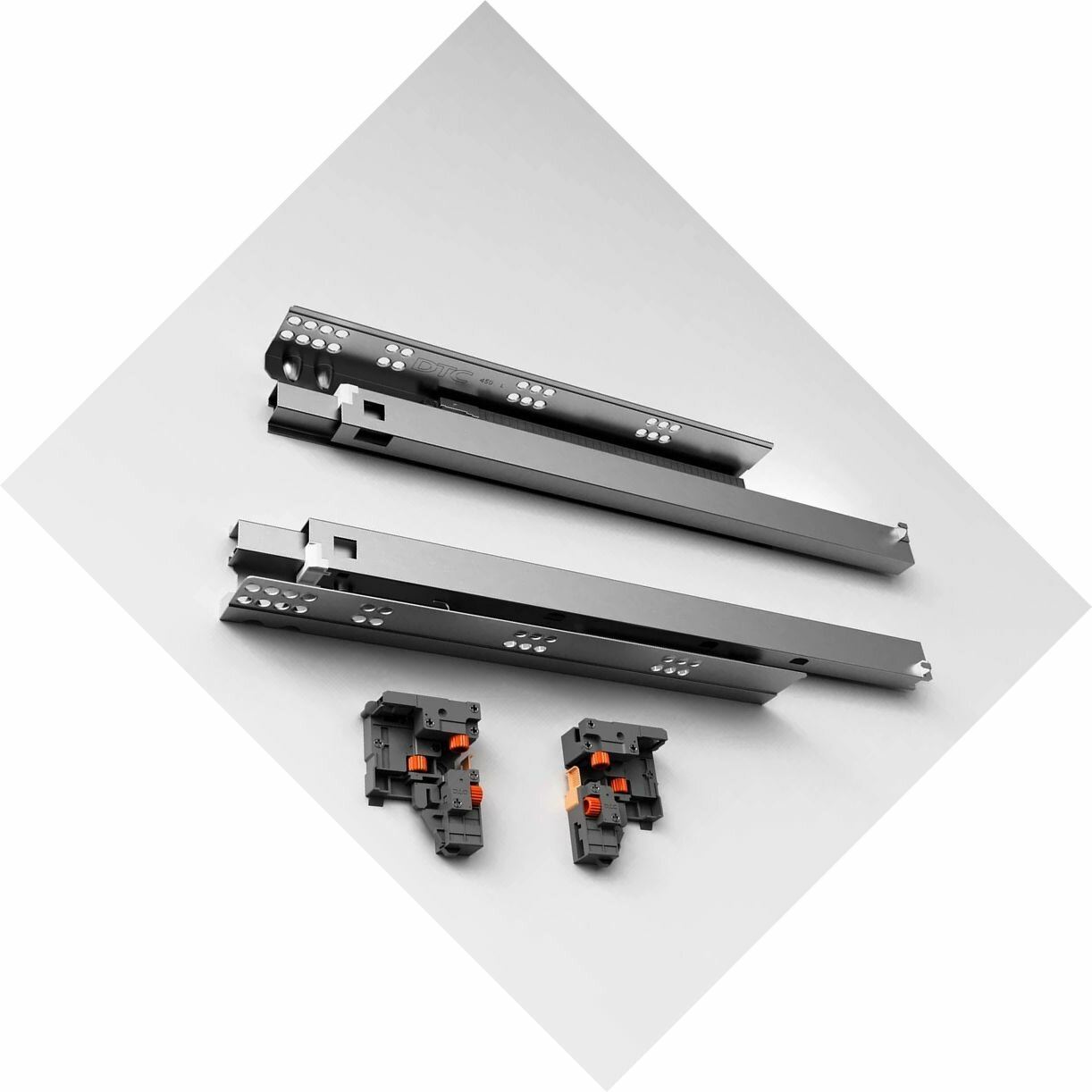 Комплект направляющих Push-to-Open скрытого монтажа DTC D-Motion, L 500мм, полного выдвижения, для ЛДСП 16 мм, с 3D регулировкой (2 направляющие + 2 фиксатора) 1 ком.