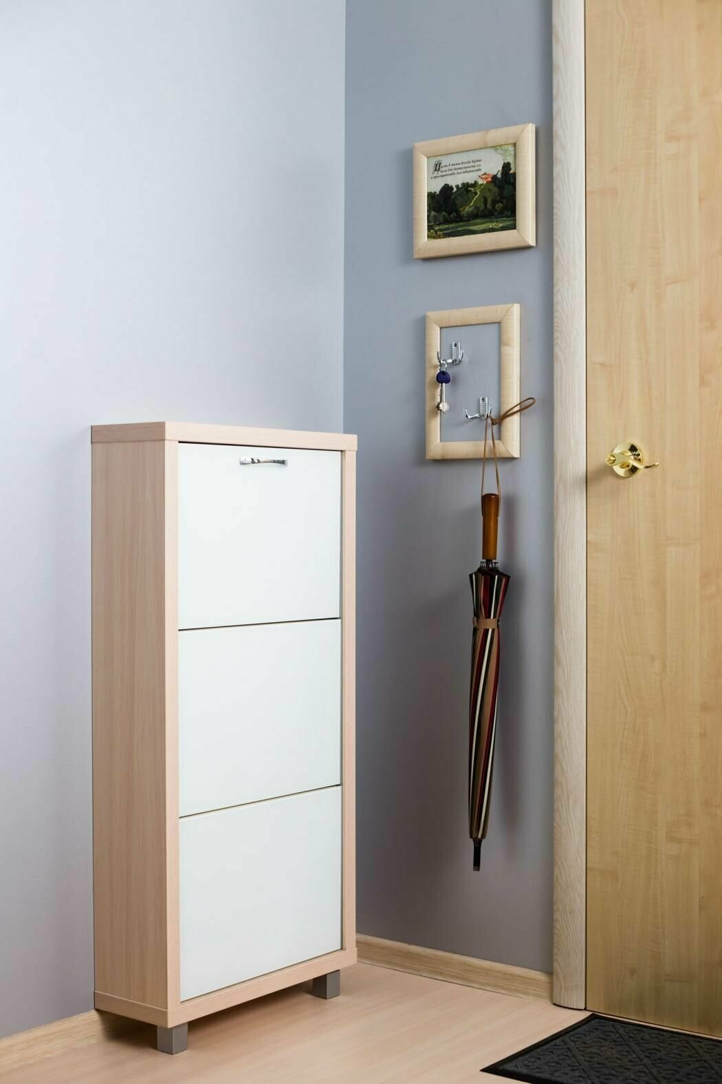 Шкаф обувной Люкс, Дуб молочный 3 отделения, фасад стекло белое