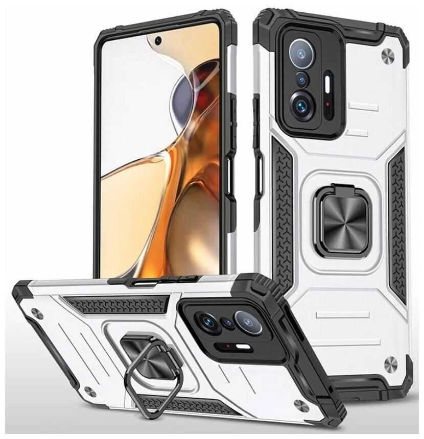 Противоударный чехол для Xiaomi 12 / 12X серебро с пластиной для магнитного автодержателя и кольцом подставкой