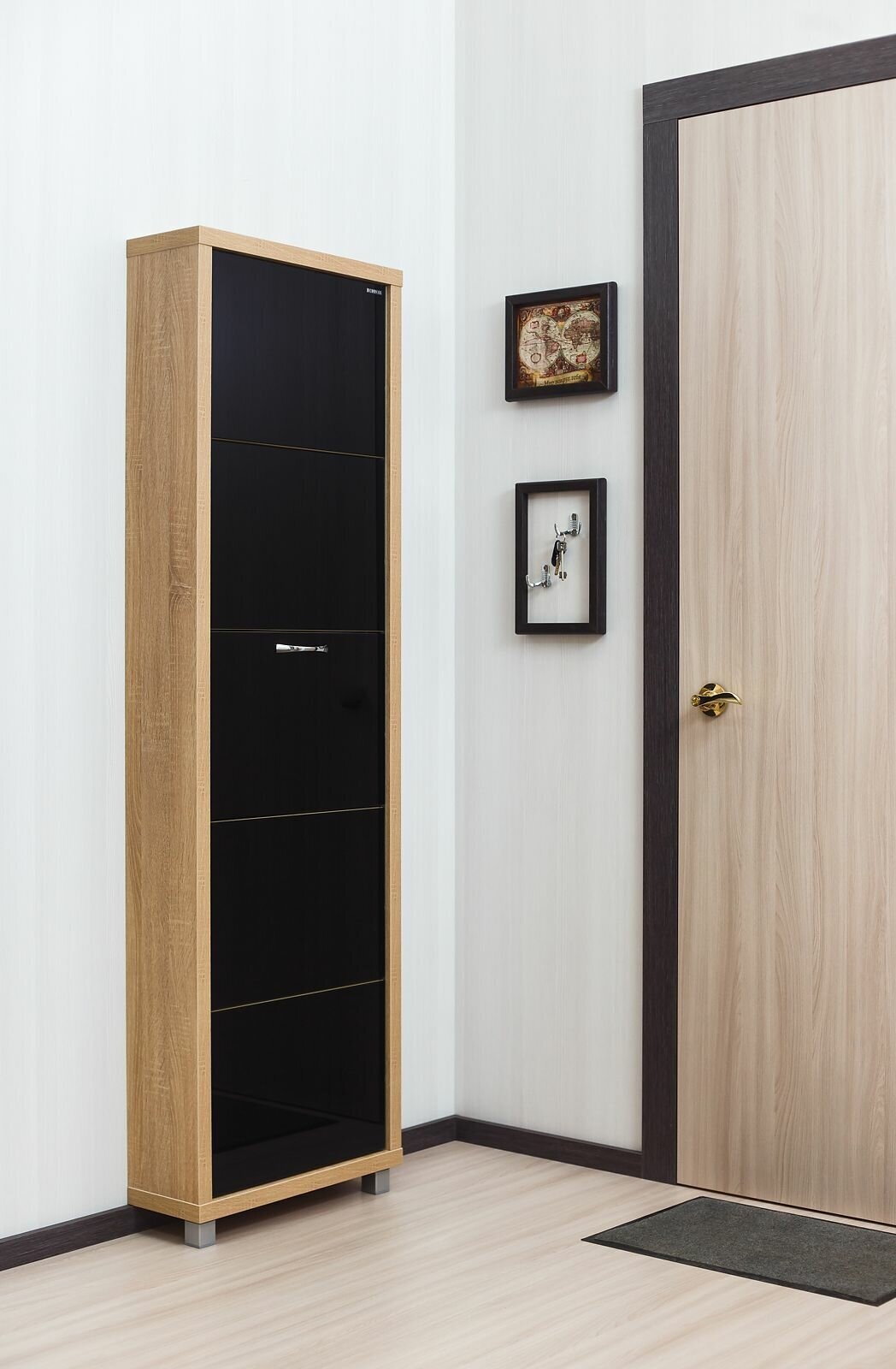 Шкаф обувной Люкс, Дуб сонома 5 секции, фасад стекло чёрное