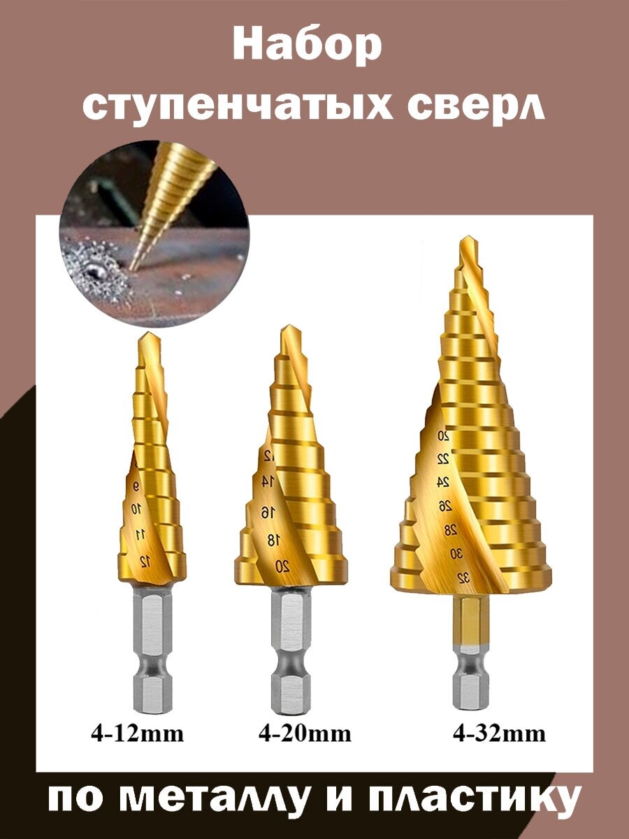 Набор конусных сверл для дрели со спиральной канавкой 4-12/4-20/4/32, по металлу, для работ по дереву