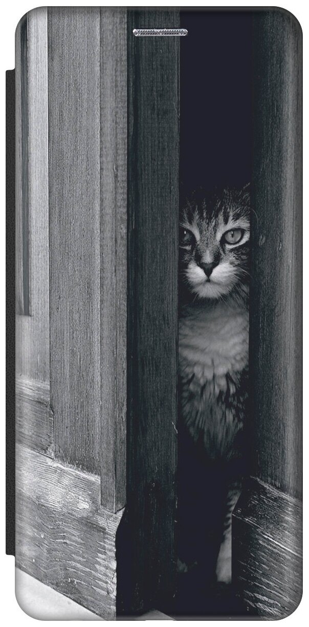 Чехол-книжка на Xiaomi Redmi Note 12, Сяоми Редми Ноут 12 c принтом "Выглядывающий кот" черный