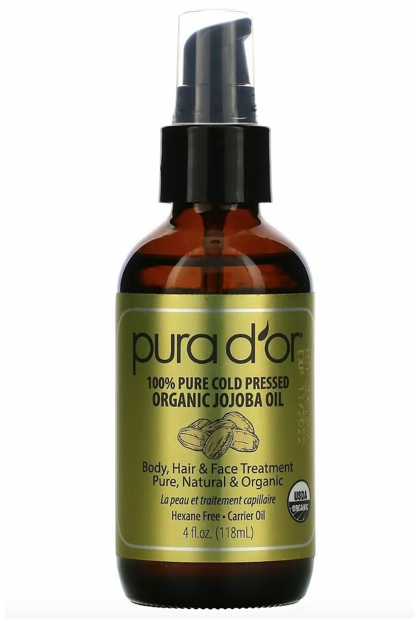 Pura D'or Масло какао для тела 100% Pure Cold Pressed Organic Jojoba Oil, 118 мл
