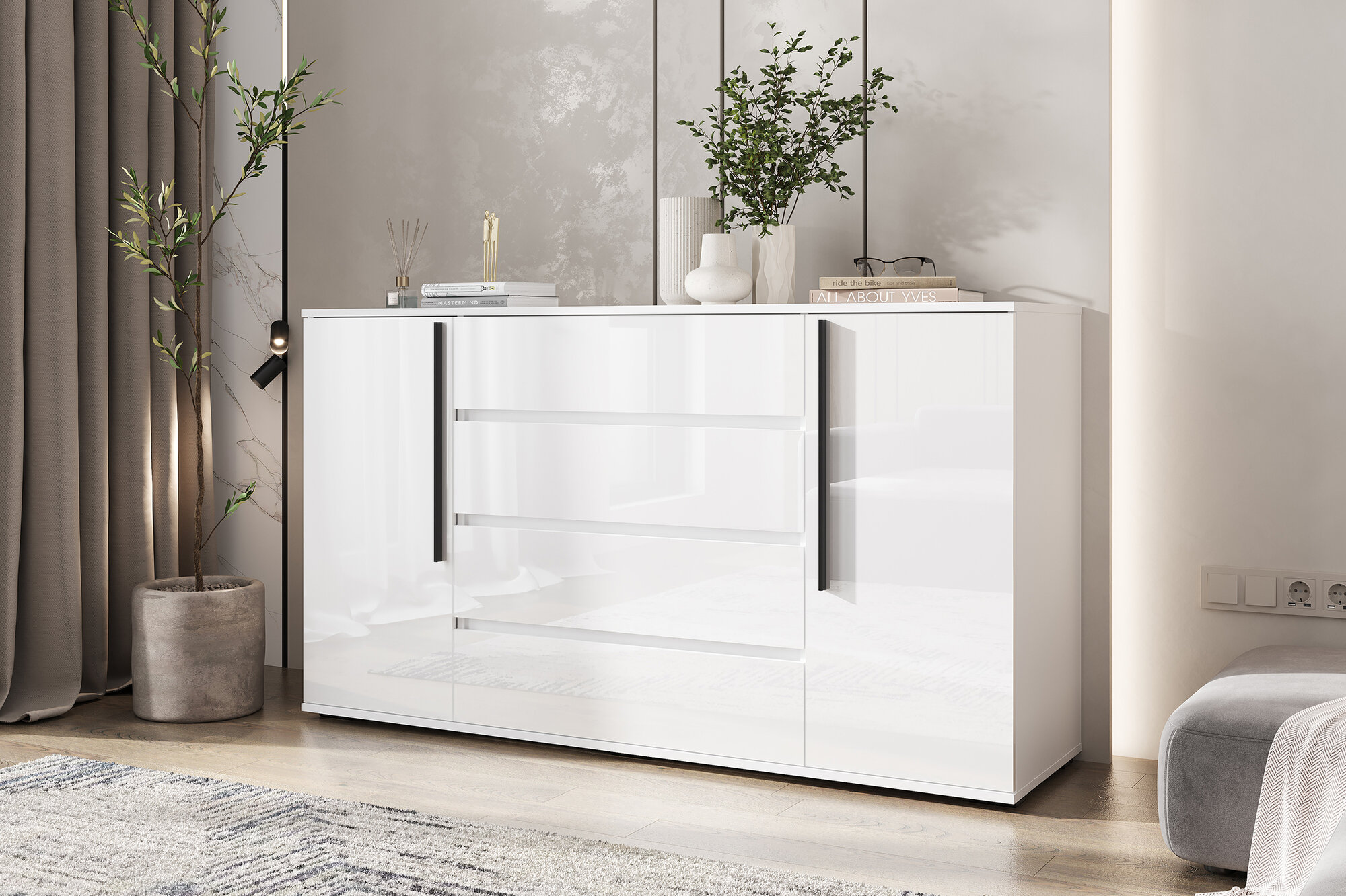 Комод с полками двухдверный 4 ящика 2 полки Норд, 160х90х45, белый/белый глянец холодный