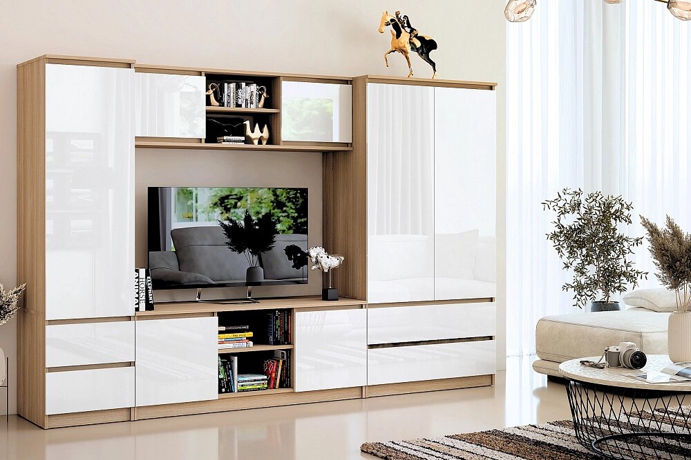 Гостиная комплект, шкаф двухстворчатый, антресоль, пенал, ТВ тумба, Челси 3, 270.6х179.6х51.4 см Дуб сонома Белый глянец