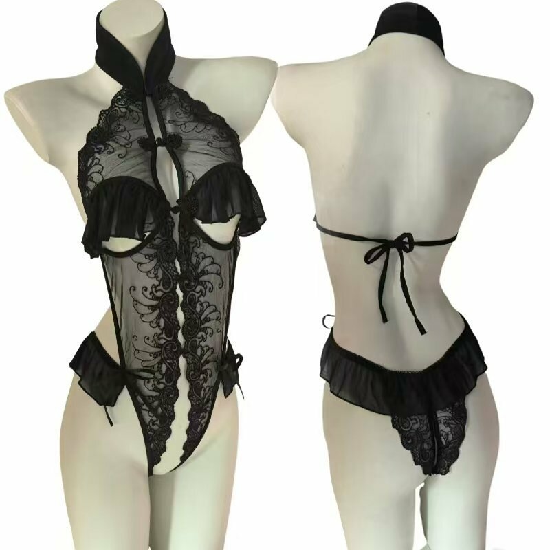 Сексуальное нижнее белье, ночная рубашка с вырезом спереди, ночная рубашка с эффектом пуш-ап, чонсам, соблазнительный кружевной женский боди-униформа. Черный.