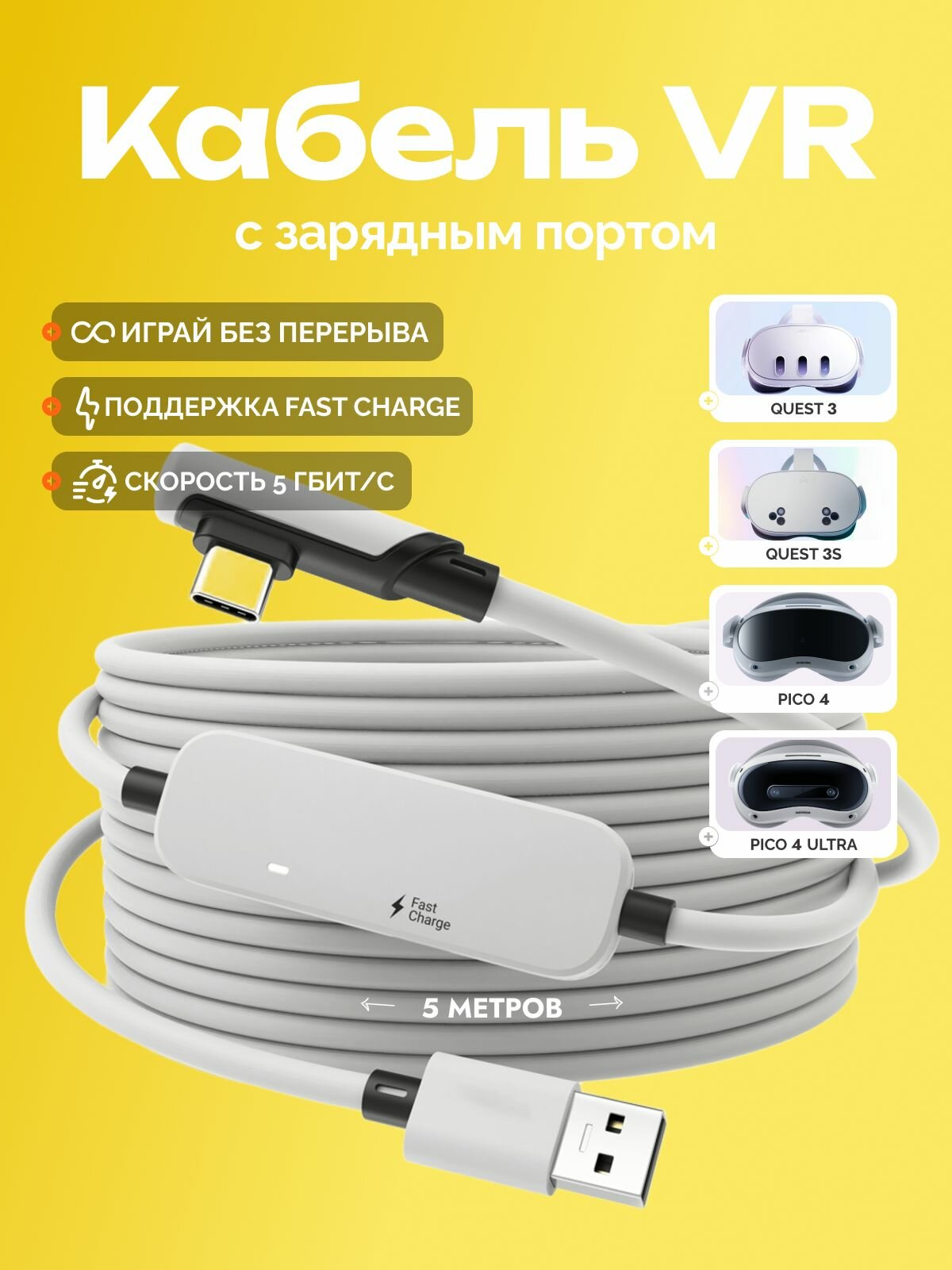 Кабель с зарядным портом VR аксессуары для Oculus Quest 3 /3S/ Quest 2 / Pico 4/Ultra Upgraded Oculus Link