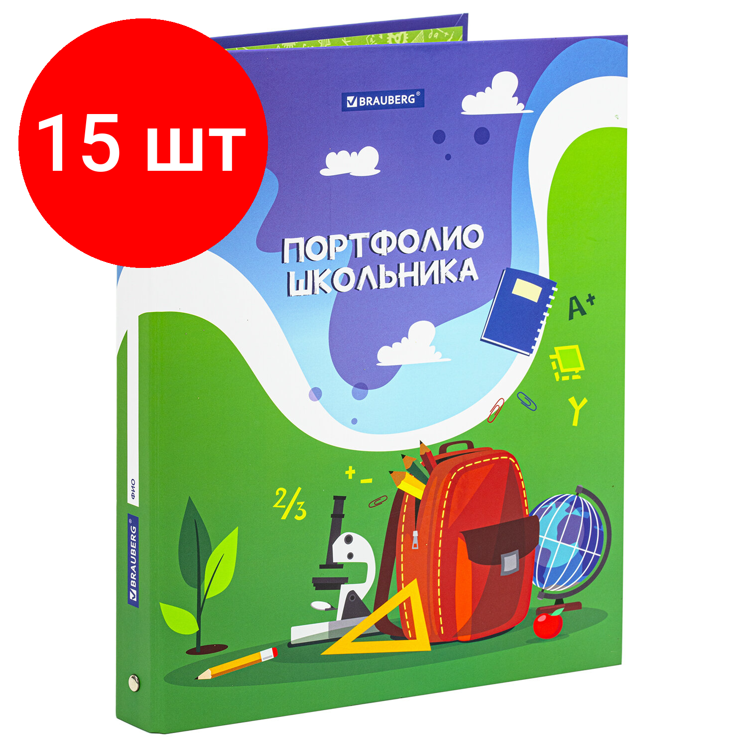 Комплект 15 шт, Папка-портфолио школьника/дошкольника "школьная история", 4 кольца, обложка твёрдая матовая, BRAUBERG, 115241