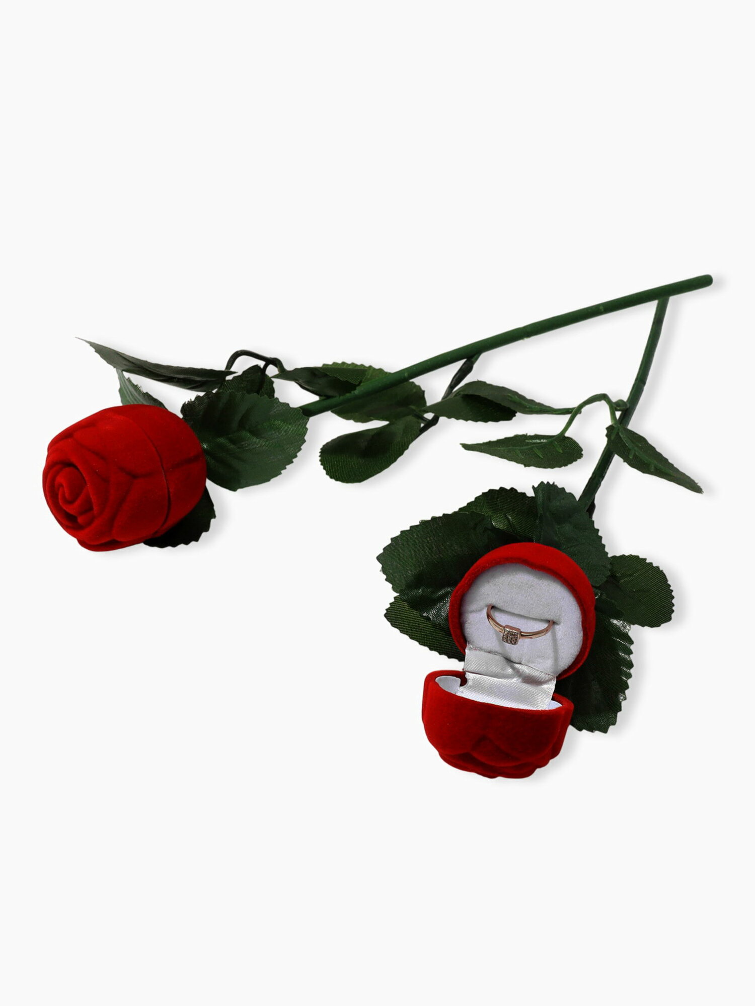 Футляр под кольцо, серьги "Роза на стебле", бархатный, 4.5x4.5 см, красно-зелёный