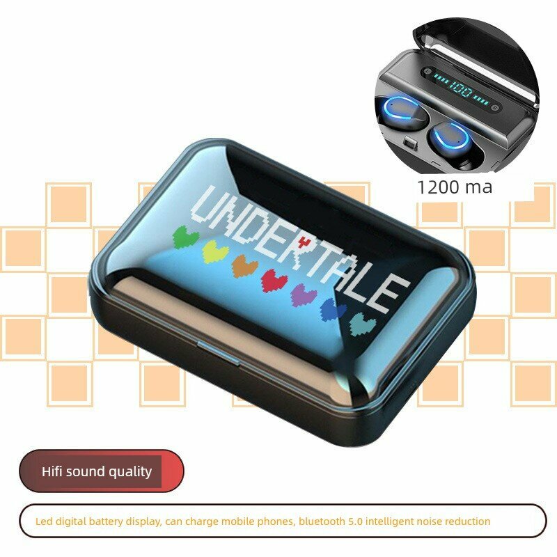 Ряд цветных сердец Undertale Sans Bluetooth-наушники с цифровым дисплеем и зарядным кейсом, 1200 мАч
