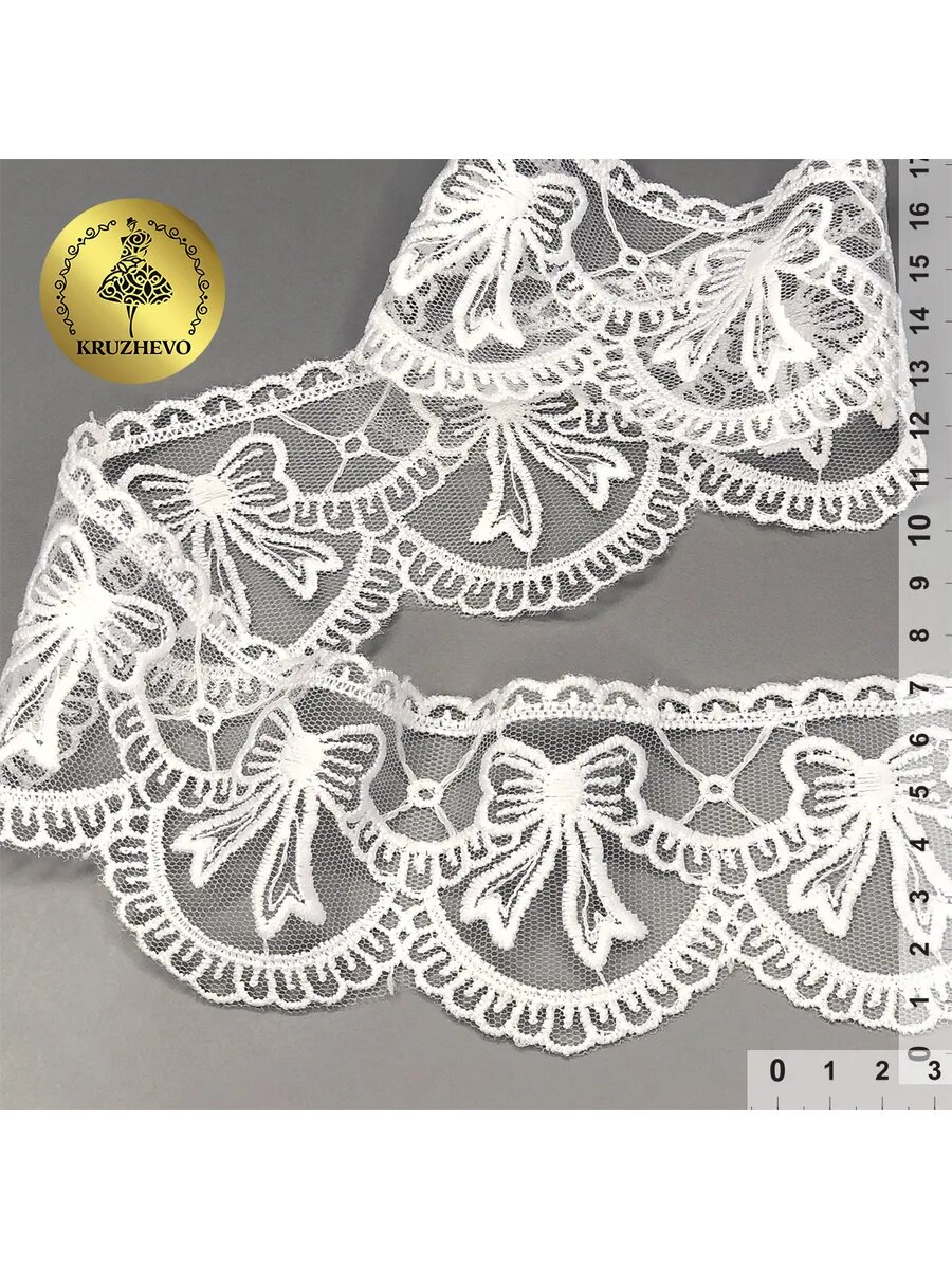 Кружево на сетке матовая нить с бантиками шир.60мм уп.2,5м