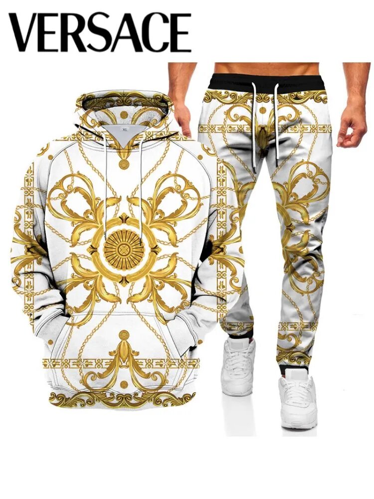 Комплект одежды Versace Мужская Осенне-Зимняя Коллекция 2025-Ретро-Принтовая Толстовка с Капюшоном и Спортивные Брюки, Уличный Стиль от Итальянского Бренда