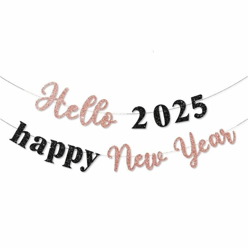 "Флаг-декор для Нового 2025 года с буквами в черно-золотом глиттере", Розовое Золото, Черный