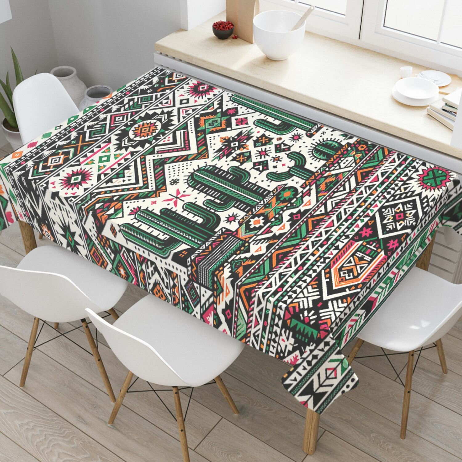 Прямоугольная тканевая скатерть на стол JoyArty с рисунком "Кактус на ковре" 120 на 145 см