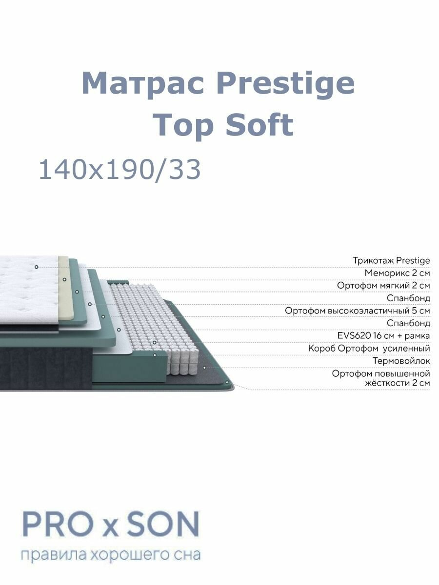 Матрас ортопедический 140х190 пружинный 33 см с эффектом памяти мягкий PROSON Prestige Top Soft