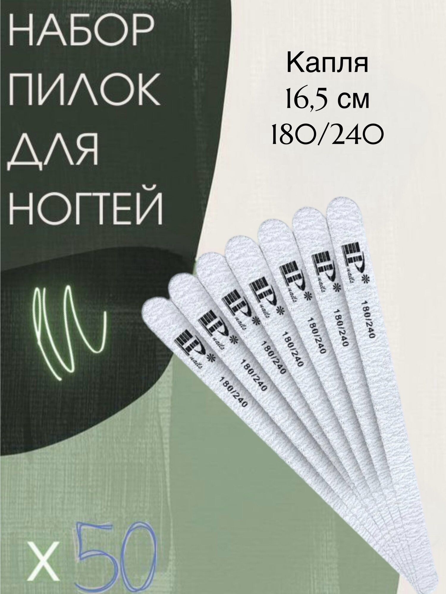 Пилка Lisanail Professional 180/240 грит, капля, для ногтей, зебра, серая, 50 штук