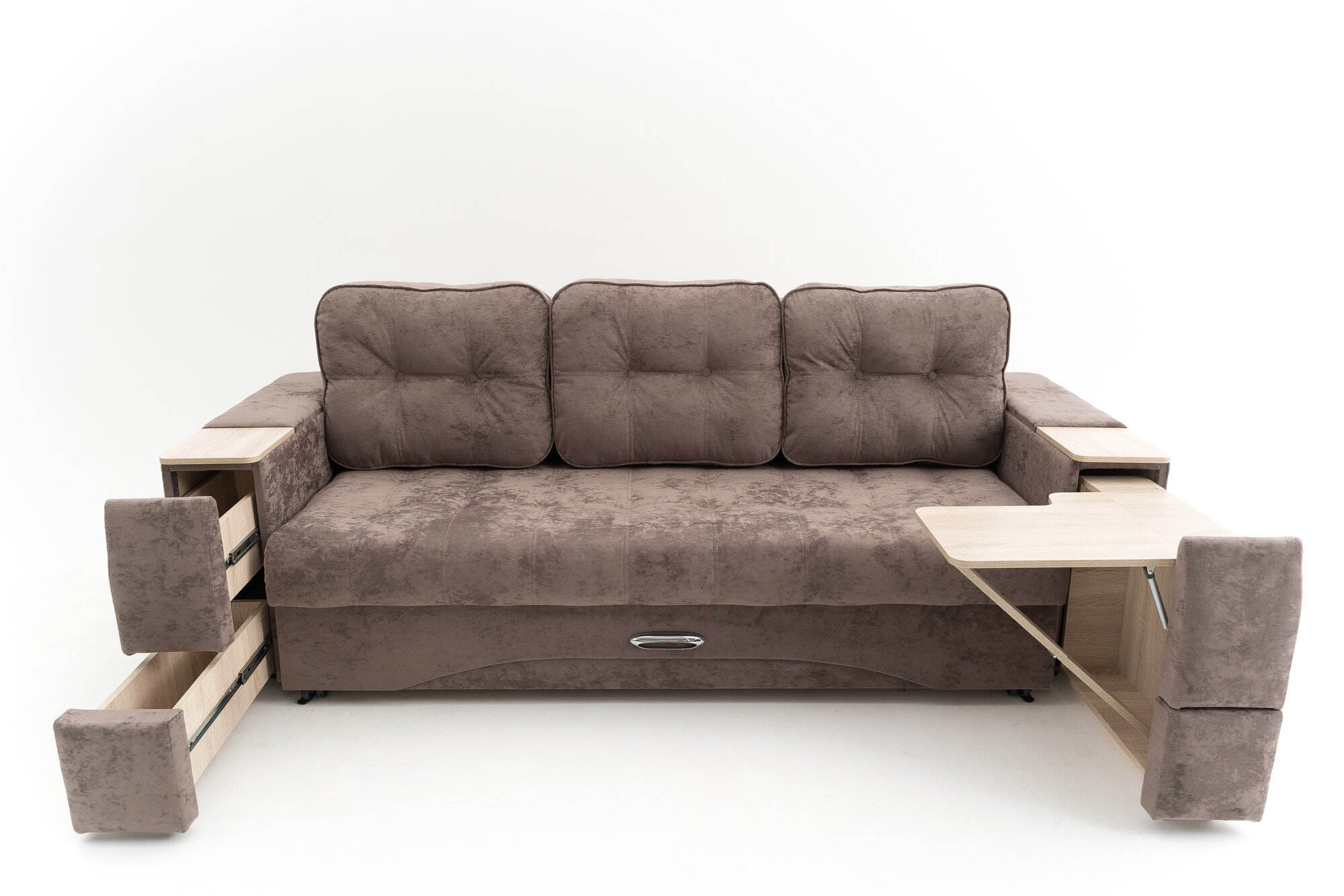 Диван-кровать прямой "Импульс", с выдвижным столиком, выкатной с механизмом тройного разложения "Еврокнижка", микровелюр, с ящиком для белья, коричневый.