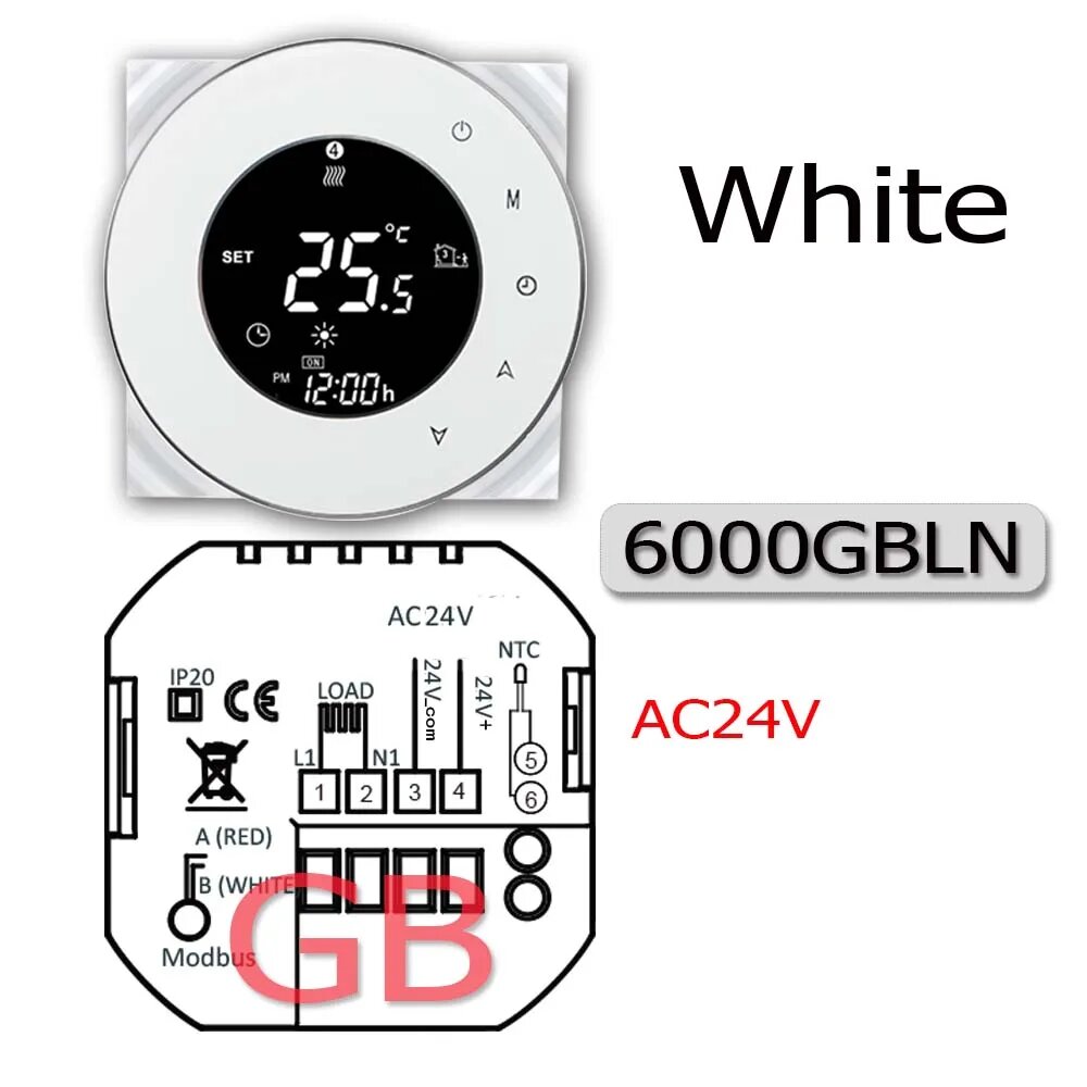 Термостат для теплого пола White 6000GBLN AC24V