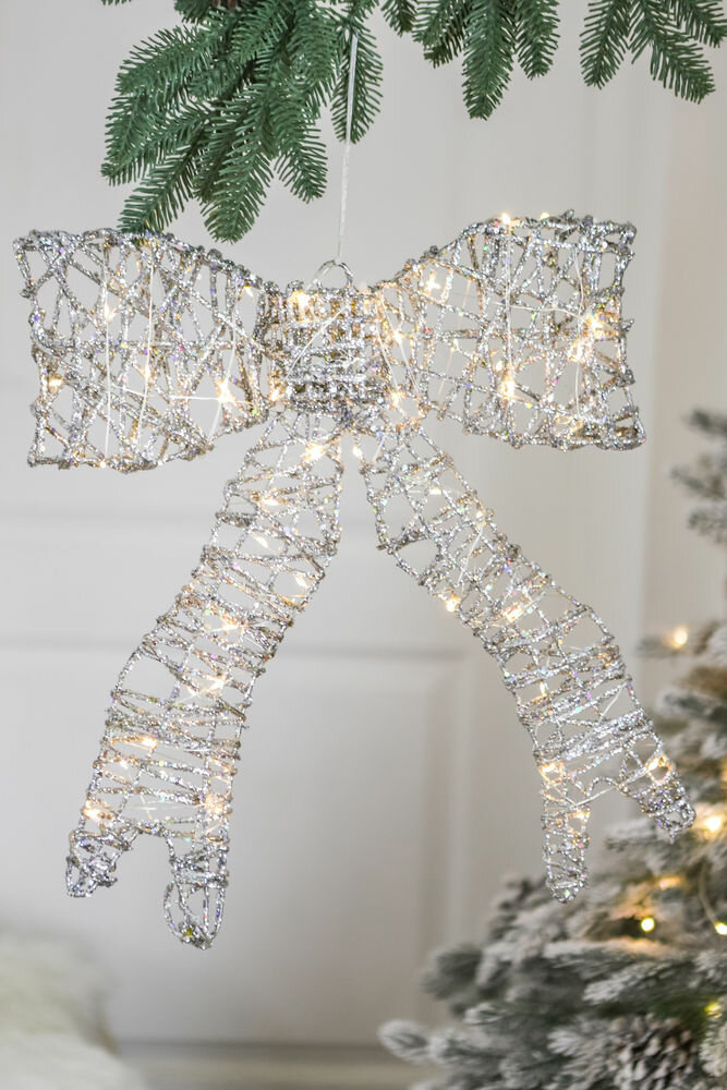 Подвесное светящееся украшение бант, серебряный, 50 тёплых белых LED-огней, 40х6х40 см, Edelman 1070710