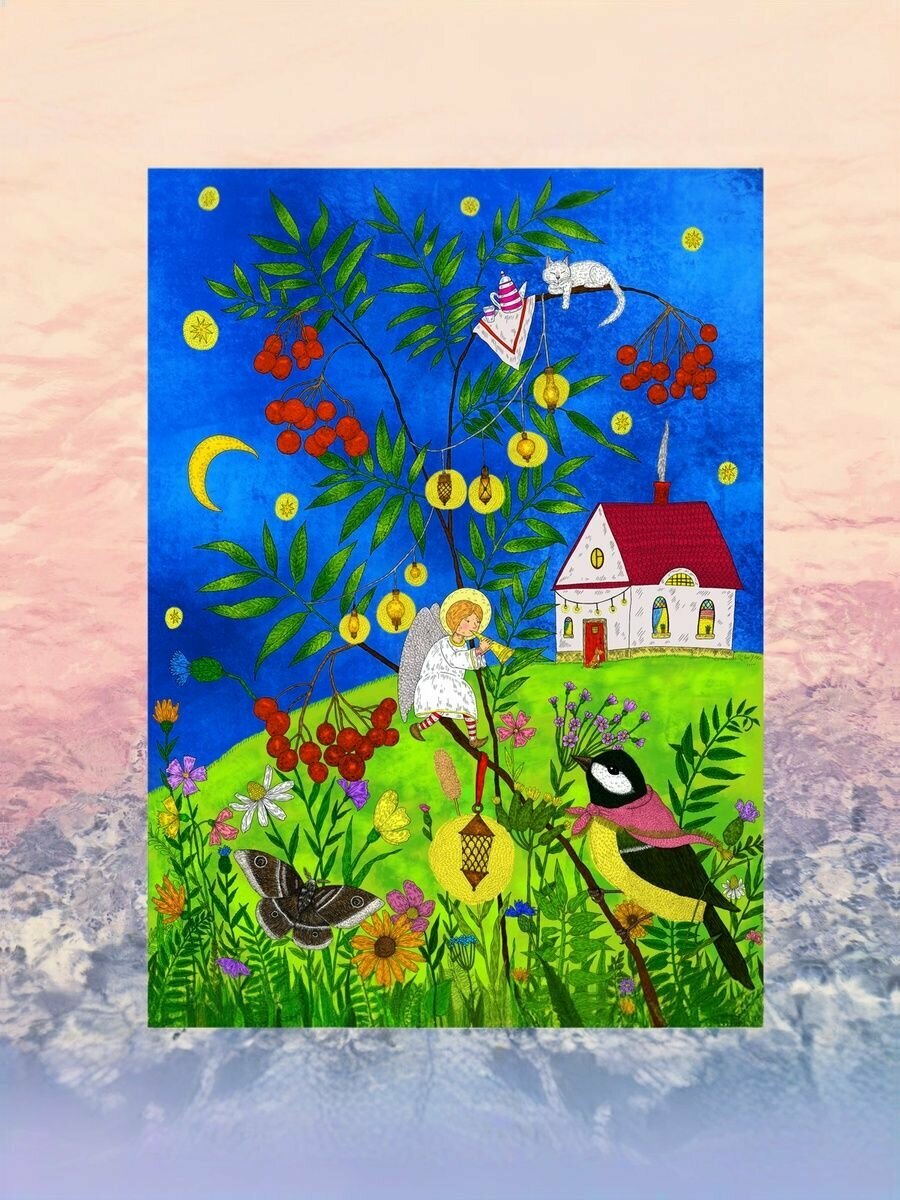 Открытка с ангелом и птицей Поздравительная открытка с конвертом в подарок