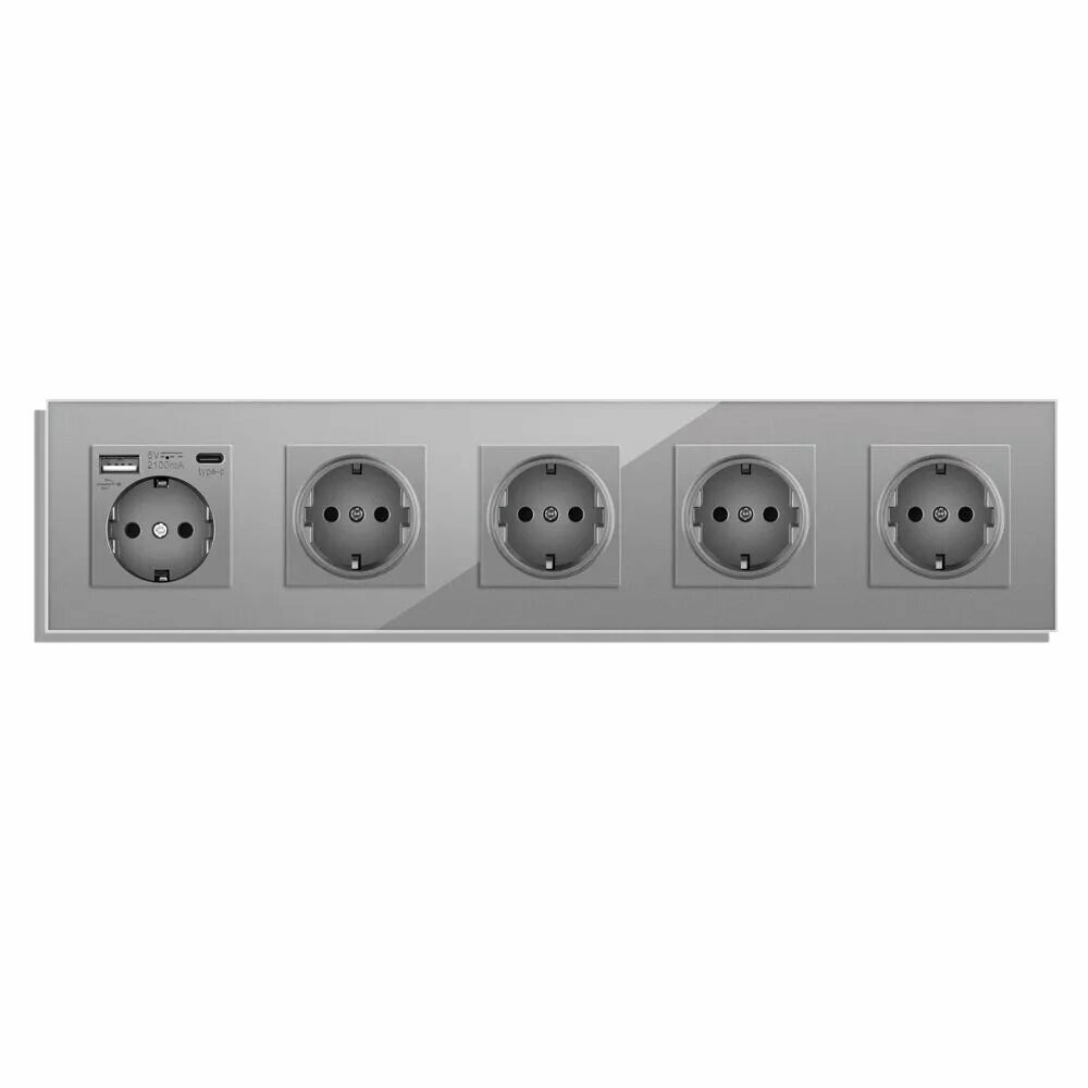 Розетка электрическая 5 постов с USB/Type-C быстрая зарядка и розеткой EU 220, рамка стекло 370х86мм, цвет серый