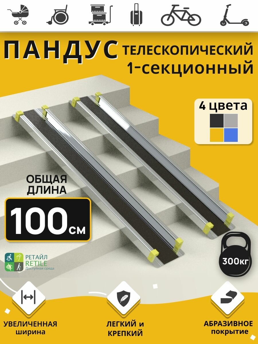 Пандус 100 см 1-секционный Антислип, чёрный (рабочая длина 90 см + 2 опор. площадки по 5 см)