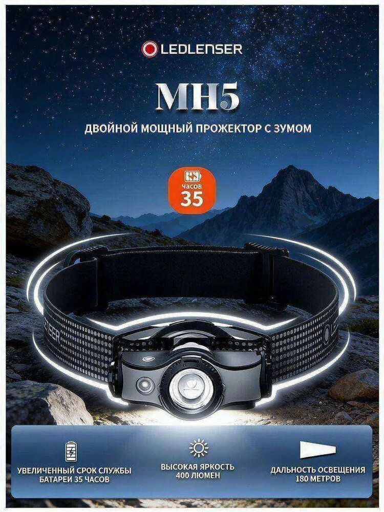 Налобный фонарь LED Lenser MH5 двойной мощный прожектор с зумом, 400 люмен, 180 метров, черный