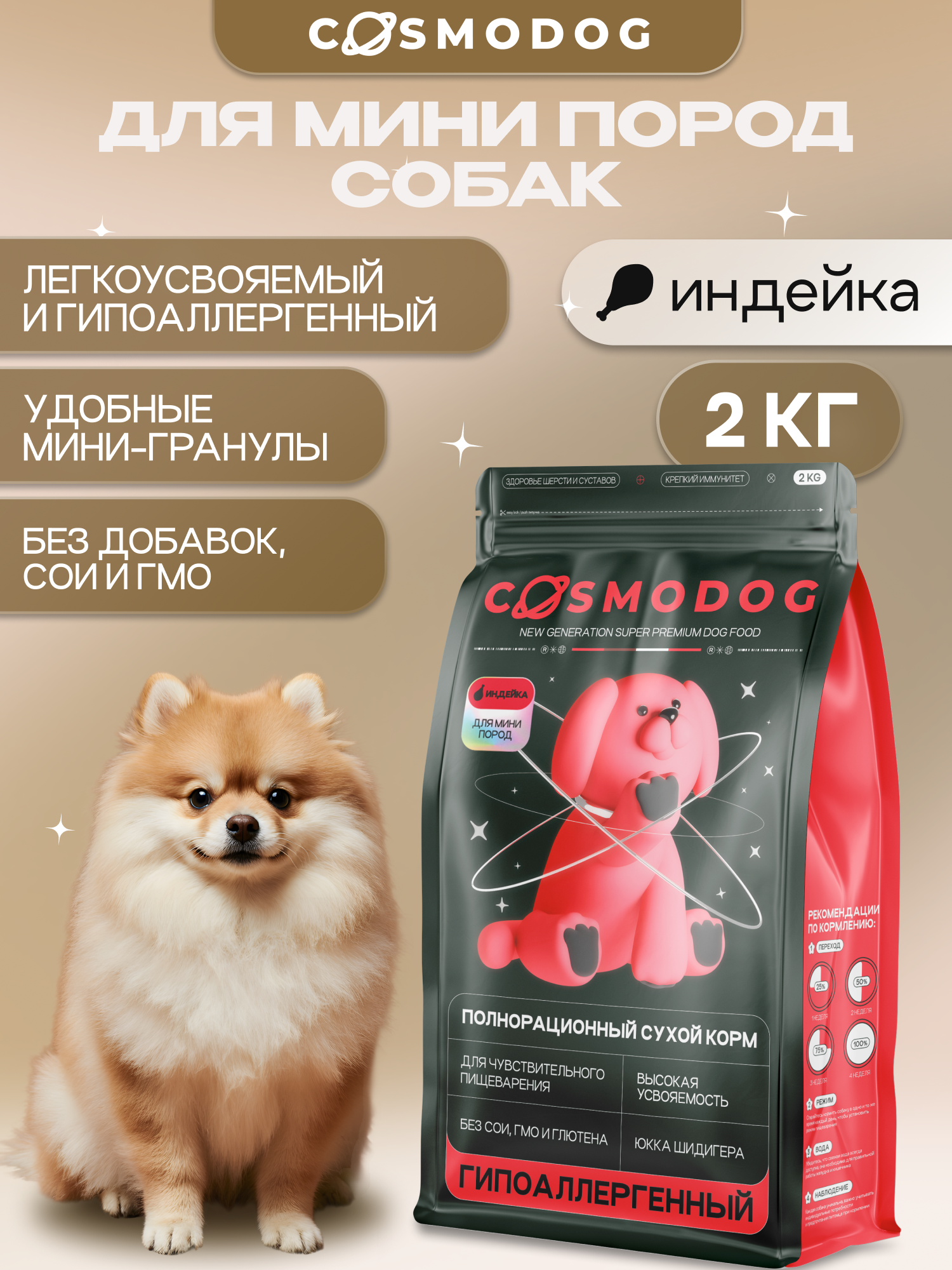 Корм для мини собак сухой с индейкой 2 кг Cosmodog, гипоаллергенный холистик супер премиум-класса для мини пород