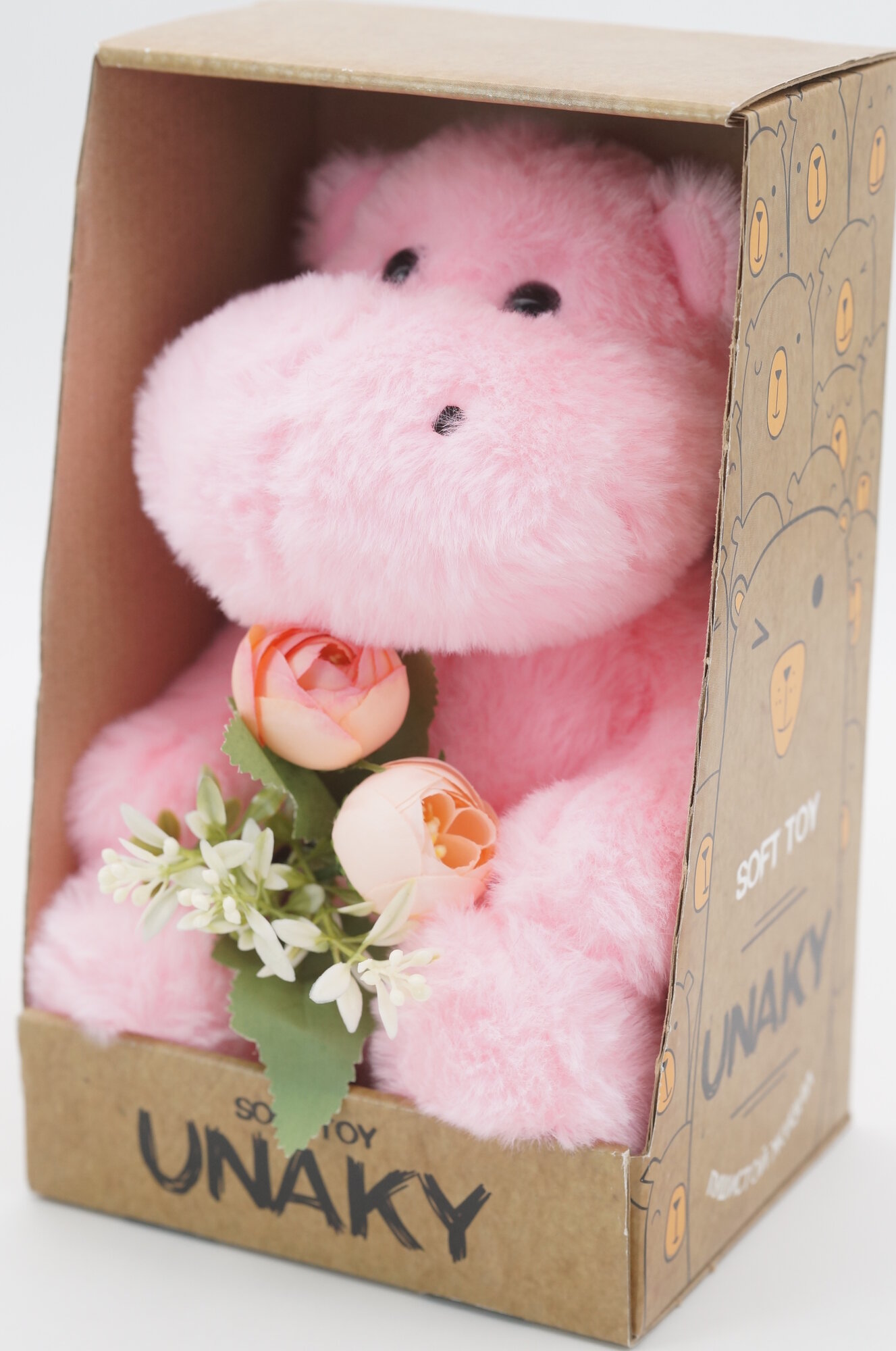 Мягкая игрушка Бегемотик Лариса розовый, 20 см, с жёлтой розой